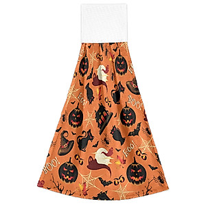 Happy Halloween Pumpkins Spooky Kitchen Hanging Towel 12 x 17 Inch Spider Web Cat Hand Tie Towels Set 2 Pcs Tea Bar Dish Cloths Dry Towel Soft Absorbent Thin Durable for Bathroom Laundry Room Decor