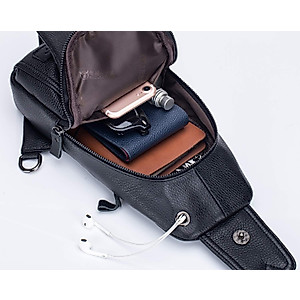 BULLCAPTAIN Genuine Leather Men Shoulder bag Sling Chest bag Travel Hiking Backpack Crossbody Bag (Black)