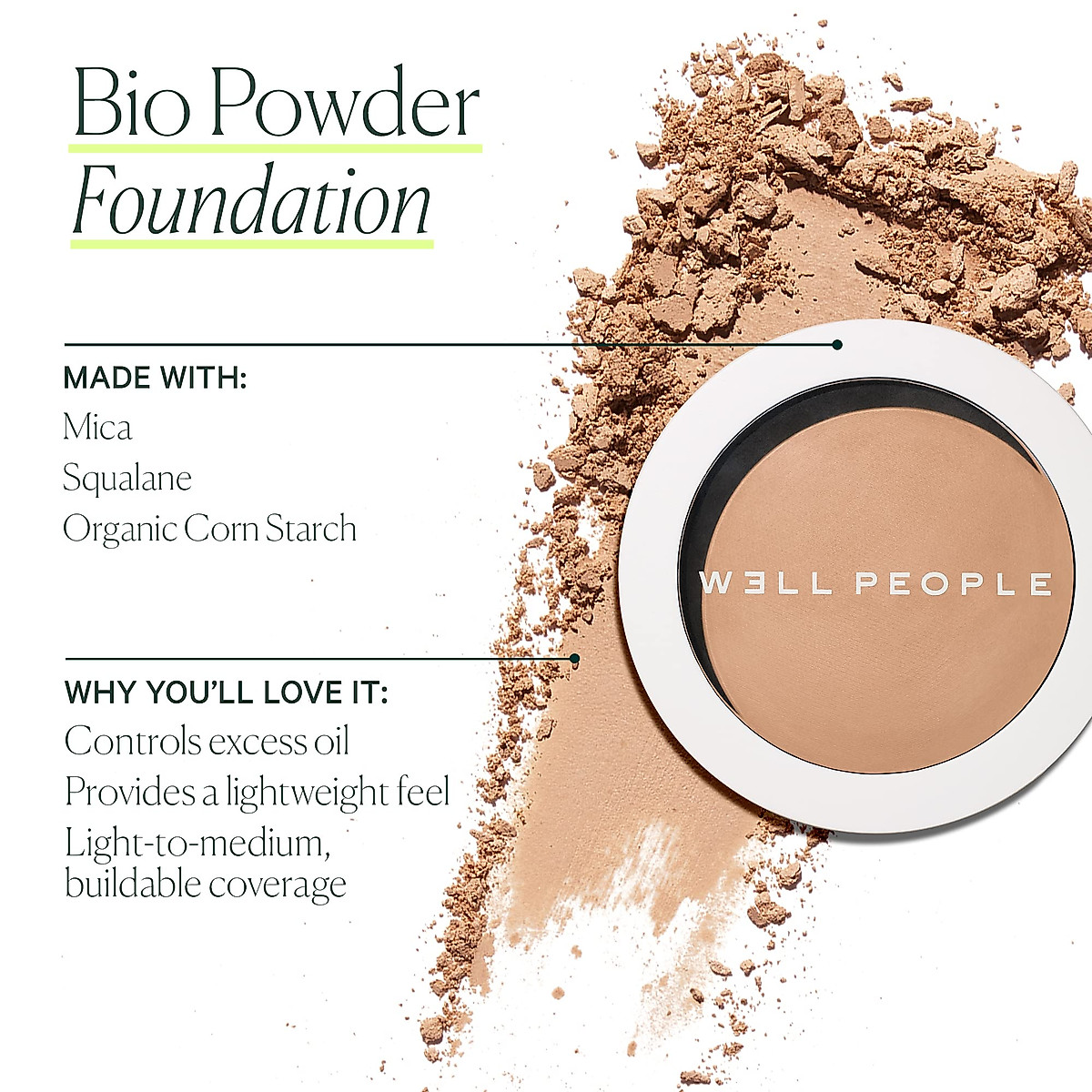 Well People Bio Powder Foundation, Lightweight & Hydrating Foundation For Perfecting & Smoothing Skin, Semi-Matte Finish, Vegan & Cruelty-free, 3W