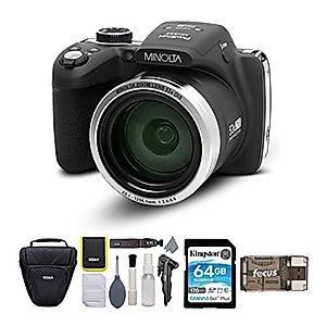 Minolta MN53Z Pro-Shot 16MP Full HD Digital Camera with 53x Optical Zoom (Black), Holster Camera Case, 64GB Memory Card and Focus Card Reader Bundle (4 Items)