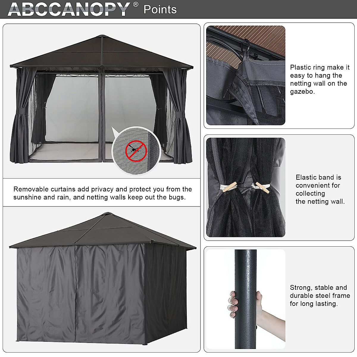 Hardtop Patio Gazebo with Curtains and Netting by ABCCANOPY