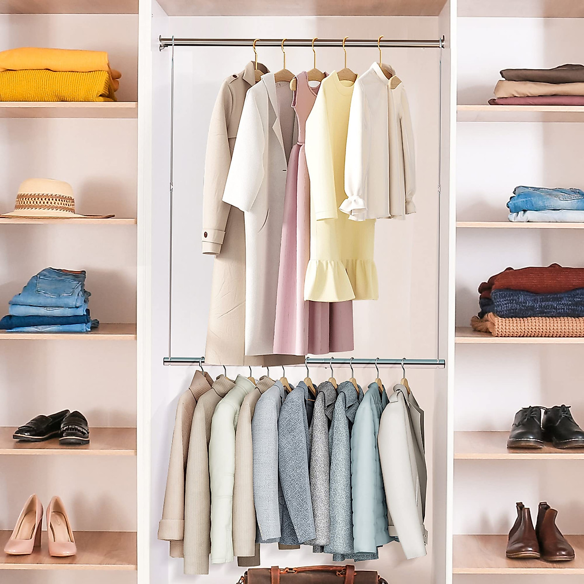 STO STO 1 Pack Closet Hanging Rod, Length and Height Adjustable Closet Rod, Space-saving Closet Extender Hanging Bar for Hanging Clothes, Chrome