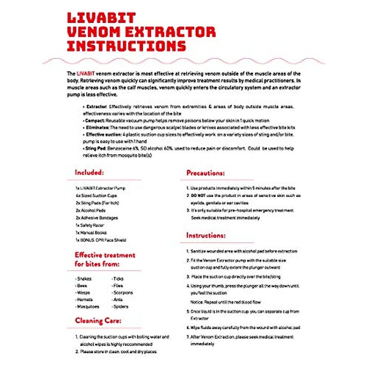 LIVABIT Venom Extractor Suction Pump, Snake Bite, Bee Sting Kit, Emergency First Aid Supplies for Hiking, Camping, Backpacking | Insect Bug Spider Sting & Rattlesnake Bite Treatment + Bonus CPR Shield