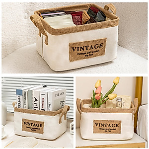 LUFOFOX 3-Pack Storage Baskets for Organizing,Jute Woven Handles Baskets Decorative Small Baskets,Fabric Baskets for Shelf Closet,White,10.6"*8.7"*6.3" (Small)