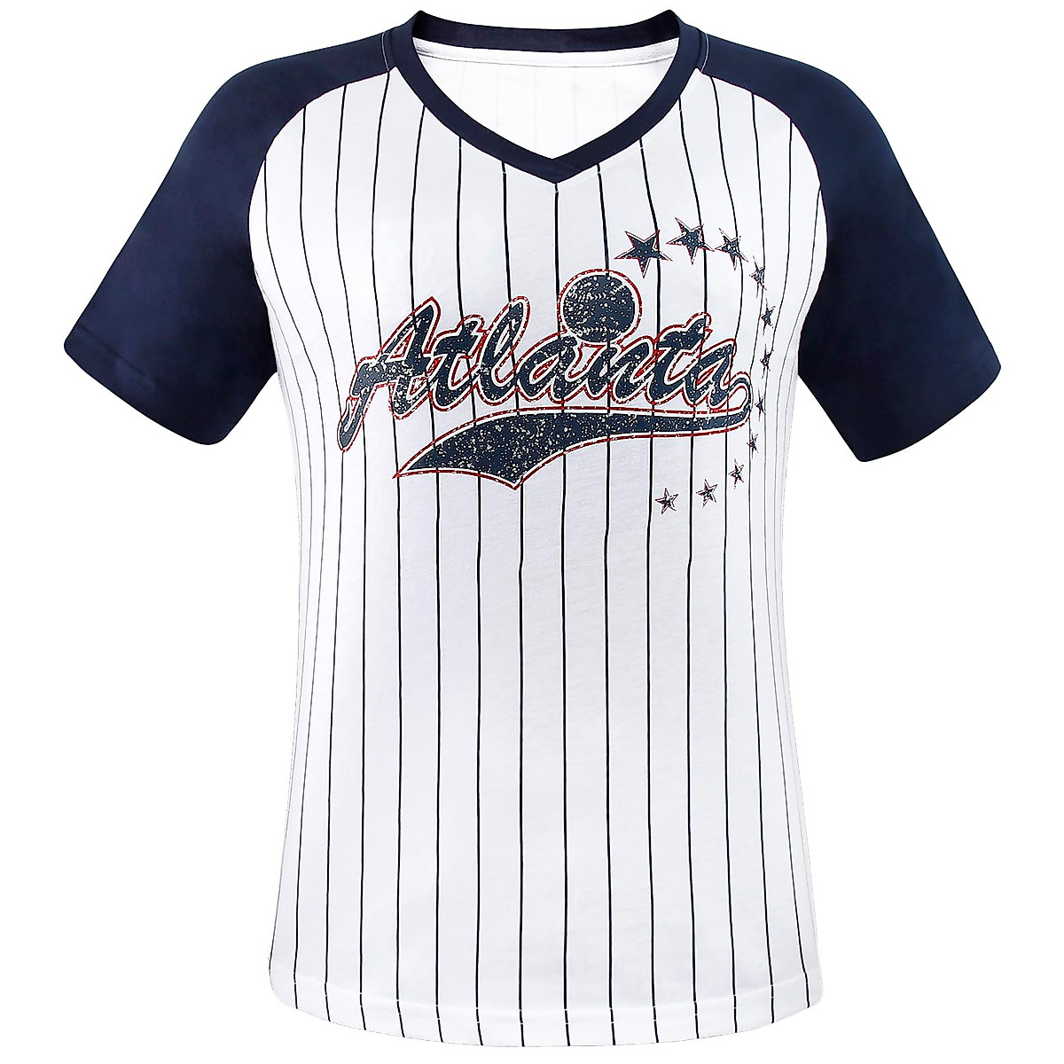 Womens City Baseball Fans Sporty Pinstripe V Neck Tee Shirts - White & Navy Size: Small
