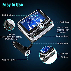 Bluetooth FM Transmitter for Car, Clydek Car Charger Adapter 1.8” Large Display Bluetooth Car Adapter, 4 Music Play Modes,Fast Charger,Hands Free,AUX Input&Output