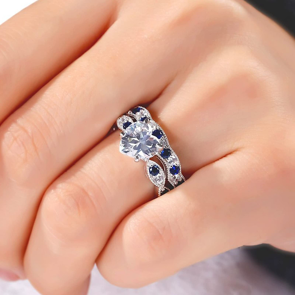 Jeulia 3 Carat CZ Solitaire Engagement Rings Halo Milgrain Heart Cut Sterling Silver Ring Set Promise Engagement Wedding Anniversary Rings Bridal Sets for Women (Blue, 7)