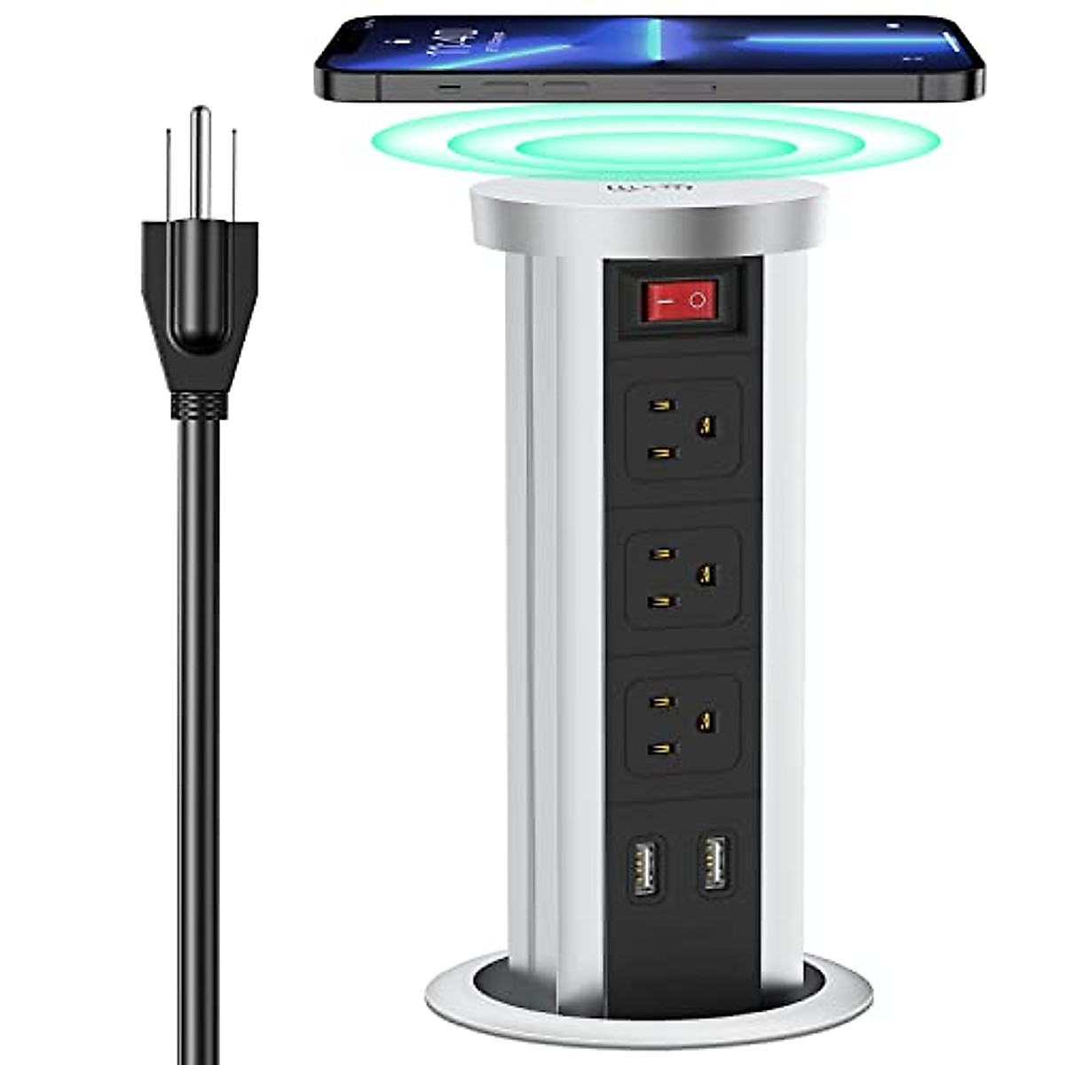 XBA Automatic Pop up Power Strip with Wireless Charger 3 AC Ouletes and 4.2A 2 USB Ports for Hotel Office Conference Table Countertop ( Black)