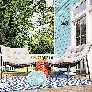 MFSTUDIO 2 Pieces Outdoor Rattan Egg Lounge Chairs, Patio Wicker Scoop Papasan Lounge Chairs Set of 2 with Cushions and Durable Steel Frame, Indoor & Outdoor Use, 330lbs, Porch, Backyard