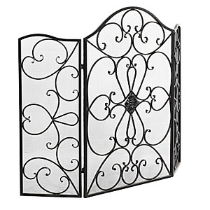 Deco 79 Metal Scroll Foldable 3 Panel Fireplace Screen with Mesh Netting, 49" x 1" x 36", Black