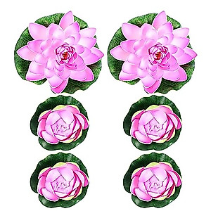 Lotus Flower 6pcs Floating Lotus Flowers Artificial Plastic Lotus Flower with Water Lily Pads Fake Plant Flower Aquarium Garden Water Pond Decoration Pink Pool Lilly Pad
