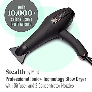 Professional Series Stealth Ionic+ Technology Hair Blow Dryer with Diffuser by MINT | Extremely Quiet with 1875 Watts of Salon-Grade Drying Power.