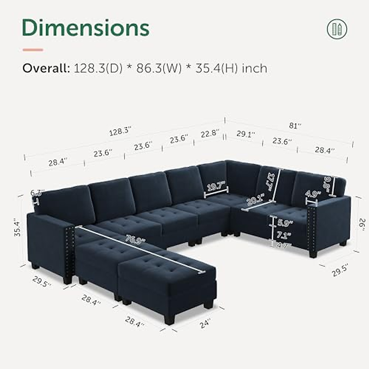 HONBAY Velvet Convertible Sectional Sofa with Storage Ottoman Oversized U Shaped Couch with Reversible Chaise Corner Sectional Sofa, Dark Blue