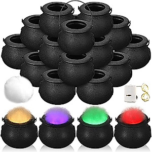 Jenaai 20 Set Halloween Witch Cauldron Glowing Set Include Black Mini Witch Cauldron with Handle LED Color Changing Fairy Lights White Polyester Fiber for Holidays Outdoor Decoration Party