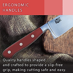 Mad Hungry 4-Piece Forged Specialty Knife Set - 6" Chef, 4.5" Serrated Utility, 3.5" Paring, & 3" Birds Beak Knives Kitchen (Red)