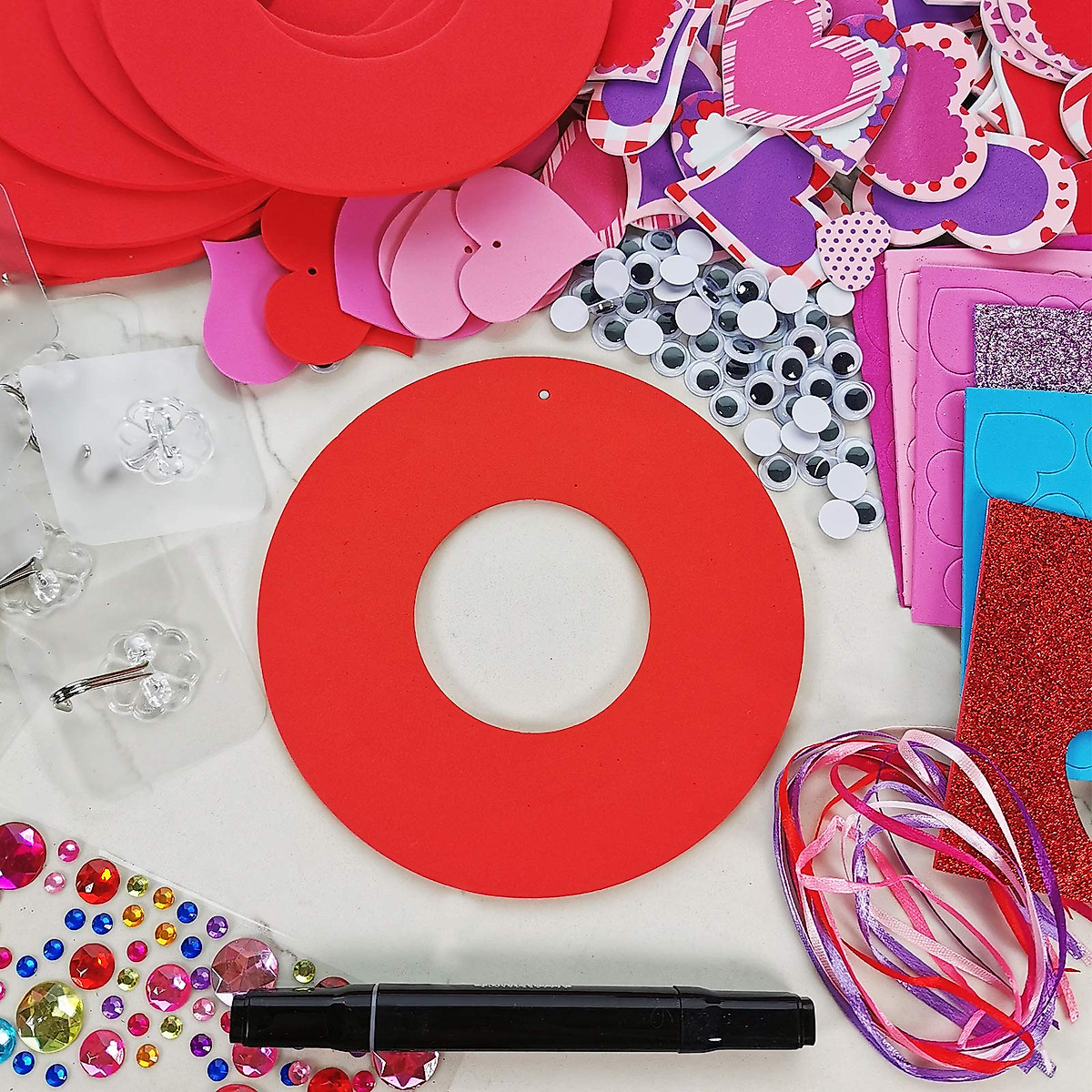 Winlyn 12 Sets Heart Wreath Ornaments Decorations Valentine Crafts Kits for Kids Classroom DIY Valentine's Day Heart Wreath Assorted Heart Cutouts Foam Stickers Googly Eyes Valentine Gift Exchange