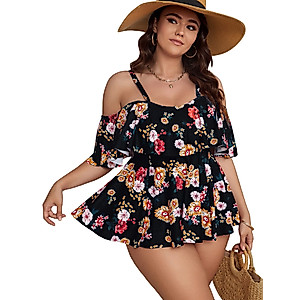 SOLY HUX Plus Size 2 Piece Tankini Floral Print Swimsuit Ruffle Trim Bikini Set Tummy Control Bottom Bathing Suit