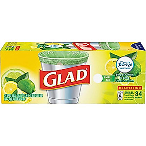 Glad Small Kitchen Drawstring Trash Bags, 4 Gallon, Febreze Sweet Citron & Lime, 34 Count