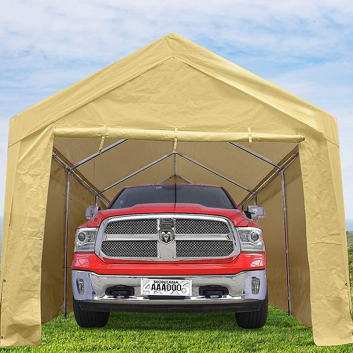 PEAKTOP OUTDOOR 10x20 ft Heavy Duty Carport, Portable Car Canopy, Garage Tent, Boat Shelter with Reinforced Triangular Beams and Ground Bar, Removable Sidewall & Zipper Doors, Beige