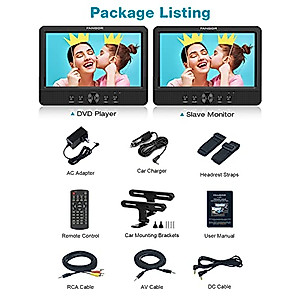 FANGOR 10.5'' Dual DVD Player for Car Portable Headrest Video Players with 2 Mounting Brackets, 5 Hours Rechargeable Battery, Last Memory, AV Out&in, Support USB/SD/Sync TV (1 Player + 1 Monitor)