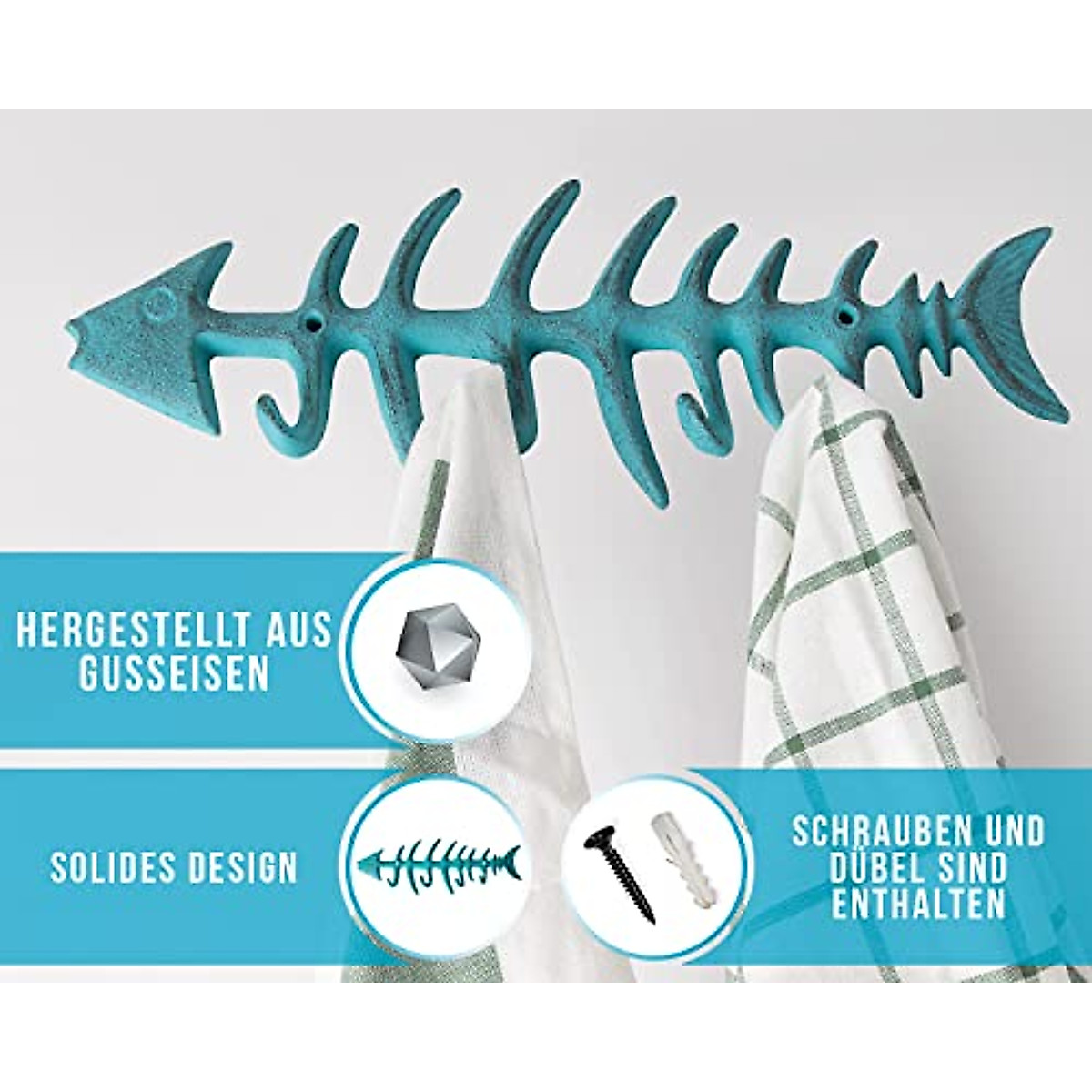 Comfify Decorative Fish Bones Wall Mounted Towel Rack Stylish Cast Iron Hanger w/ 4 “Fish” Hooks | Includes Screws and Anchors - Fish Bones Towel Hanger - Teal Blue