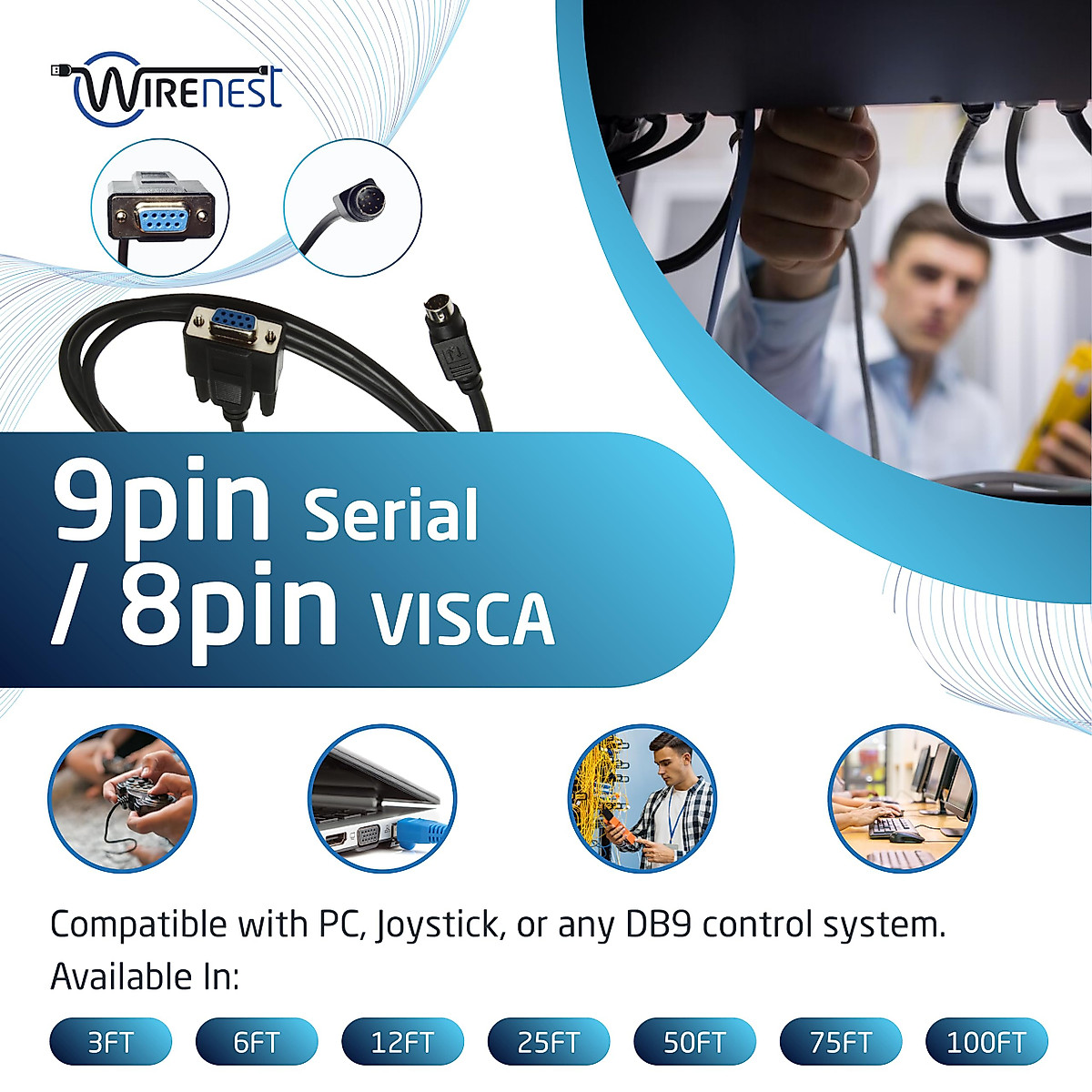 Wirenest 75ft VISCA PTZ Camera Control Cable for Sony EVI/BRC/SRG Series RS232 8 Pin Mini DIN to DB9F Serial
