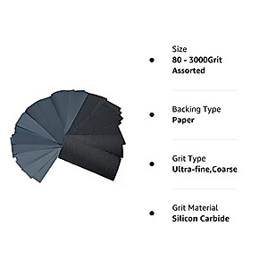 LotFancy Sandpaper, 45PCS, 80 to 3000 Grit Sand Paper Assortment, 9 x 3.6" Silicon Carbide Dry Wet Sanding Sheet, for Wood Furniture, Metal Sanding, Automotive Polishing, Wood Turning Finishing