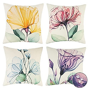 Merrycolor Outdoor Pillow Covers 18x18 Waterproof Set of 4 Colorful Flower Decorative Cushion Covers Summer Outdoor Throw Pillows Cover for Patio Furniture(Pink Purple Yellow Blue)
