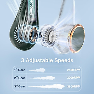 GULAKI Bladeless Portable Neck Fan - Rechargeable Hands Free USB Personal Fan Battery Operated with LED lights for Home Office Travel Indoor Outdoor (Dark Green)