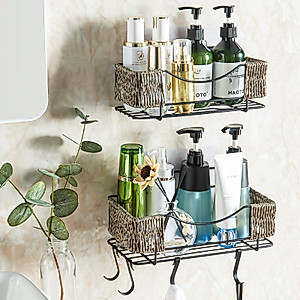 KINBEAR Shower Shelf Caddy Adhesive, Rustproof Shower Shelves for Inside Shower 2 Pack Bathroom Organizer Shampoo Holder for Shower Wall No Driling with Upgrade Sticker - Weaved Rattan Gray