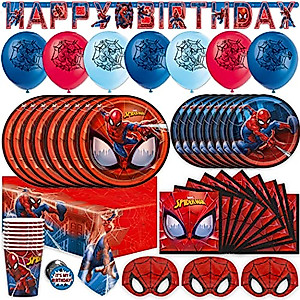Spiderman Birthday Party Supplies Set | Spiderman Party Supplies | Spiderman Birthday Decorations | Serves 16 Guests | With Balloons, Banner, Table Cover, Plates, Cups, Napkins, Masks, Button