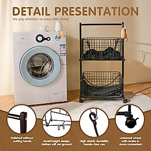 2 baskets rolling laundry basket for garments storage, easy moved with wheels have brake, Laundry basket, white and black，rolling basket (BLACK)