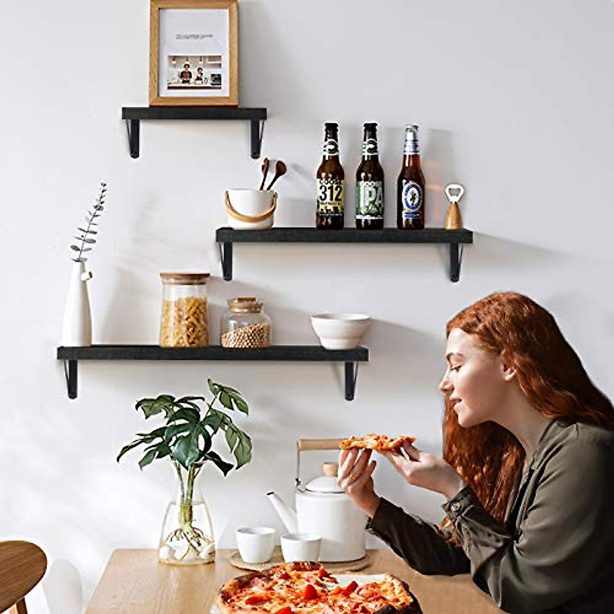 AIBORS Floating Shelves for Wall, Rustic Wood Wall Shelves Decor Set of 3 for Bedroom, Bathroom, Living Room, Kitchen, Office, Laundry Room (Black)