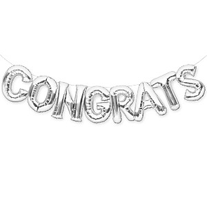 PartyForever Big Silver Congrats Balloon Banner 16 inch Letters for Graduation Party Decorations and Supplies