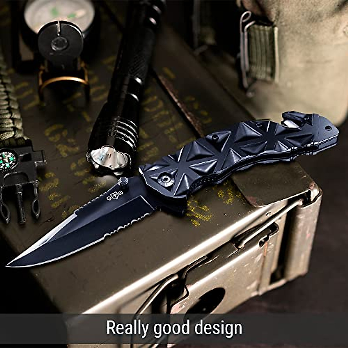 Black Pocket Knife - Serrated Sharp 3,5" Blade Folding Knives - Spring Assisted EDC Tactical Hunting Camping Knofe with Wire Cutter Glass Breaker and Pocket Clip for Men Women - Best Gift Idea HB 207
