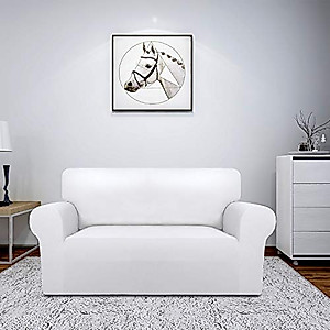 Easy-Going Fleece Stretch Sofa Slipcover Spandex Non-Slip Soft Couch Sofa Cover, Washable Furniture Protector with Anti-Skid Foam and Elastic Bottom for Kids, Pets(Loveseat, Snow White)