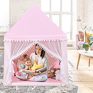 Costzon Kids Play Tent, Large Playhouse w/Washable Mat, Windows, Solid Wood Frame, Indoor Outdoor Princess Tent for Children Boys & Girls, Castle Fairy Tent, Holiday Birthday Gift (Pink)