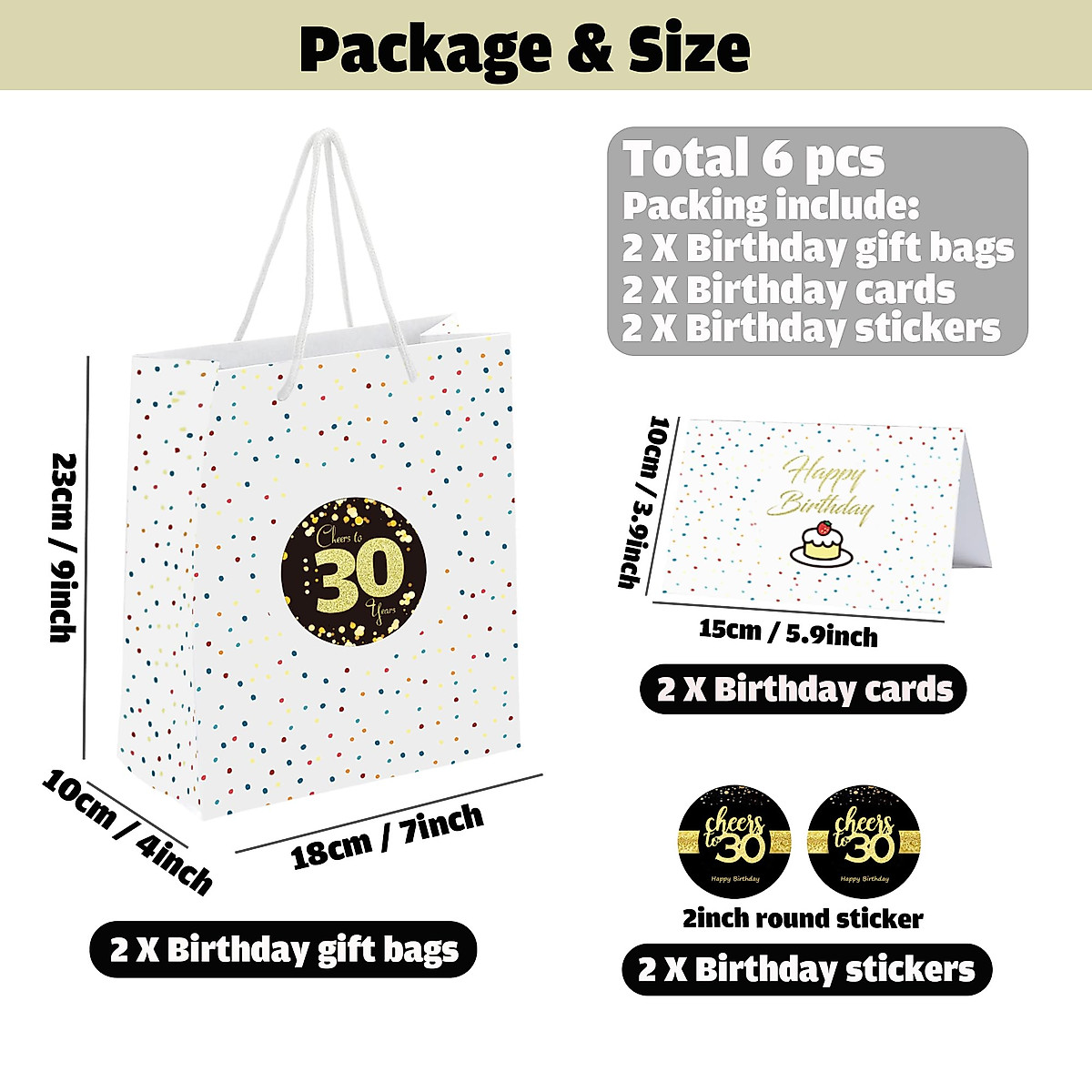 Sumerk 30th Birthday Gift Bag Cheers to 30 Paper Gift Bags with Birthday Cards and 30th Birthday Stickers - 2 Pcs 30th Gift Bags, 2 Pcs Birthday Cards, 2 Pcs 30 Birthday Stickers