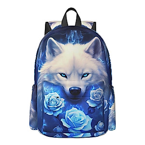 FeHuew 16 inch backpack Fantasy Blue Roses Wolf Laptop Backpack Full Print School Bookbag Shoulder Bag for Travel Daypack