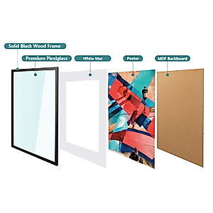 POUKROO 20x28 Poster Frame Matted to 16x24 Black Soild Wood Display Picture Puzzle Artwork Canvas Art Painting 16 by 24 with Mat Opening or 20 x 28 without Mat Horizontal or Vertical for Wall Hanging