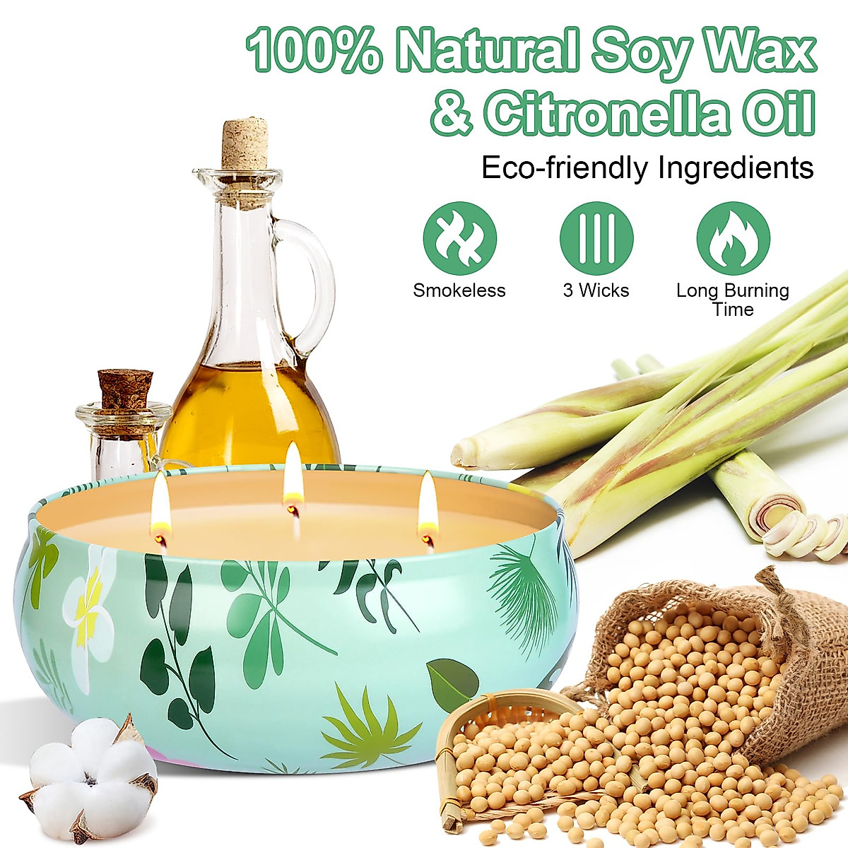 Citronella Candles Outdoor - Large 3 x 12oz Scented Candles, 3-Wick Natural Soy Wax Citronella Candles 240 Hours Long Lasting Burning for Home Patio Garden Camping Backyard, Summer Candle Gift