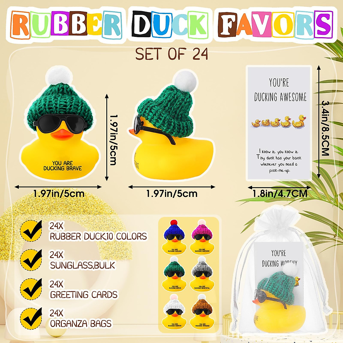 Liliful 24 Set Inspirational Mini Rubber Ducks with Glasses You Are Awesome Sign Yellow Ducks Employee Appreciation Thank You Gift with Cheer Cards