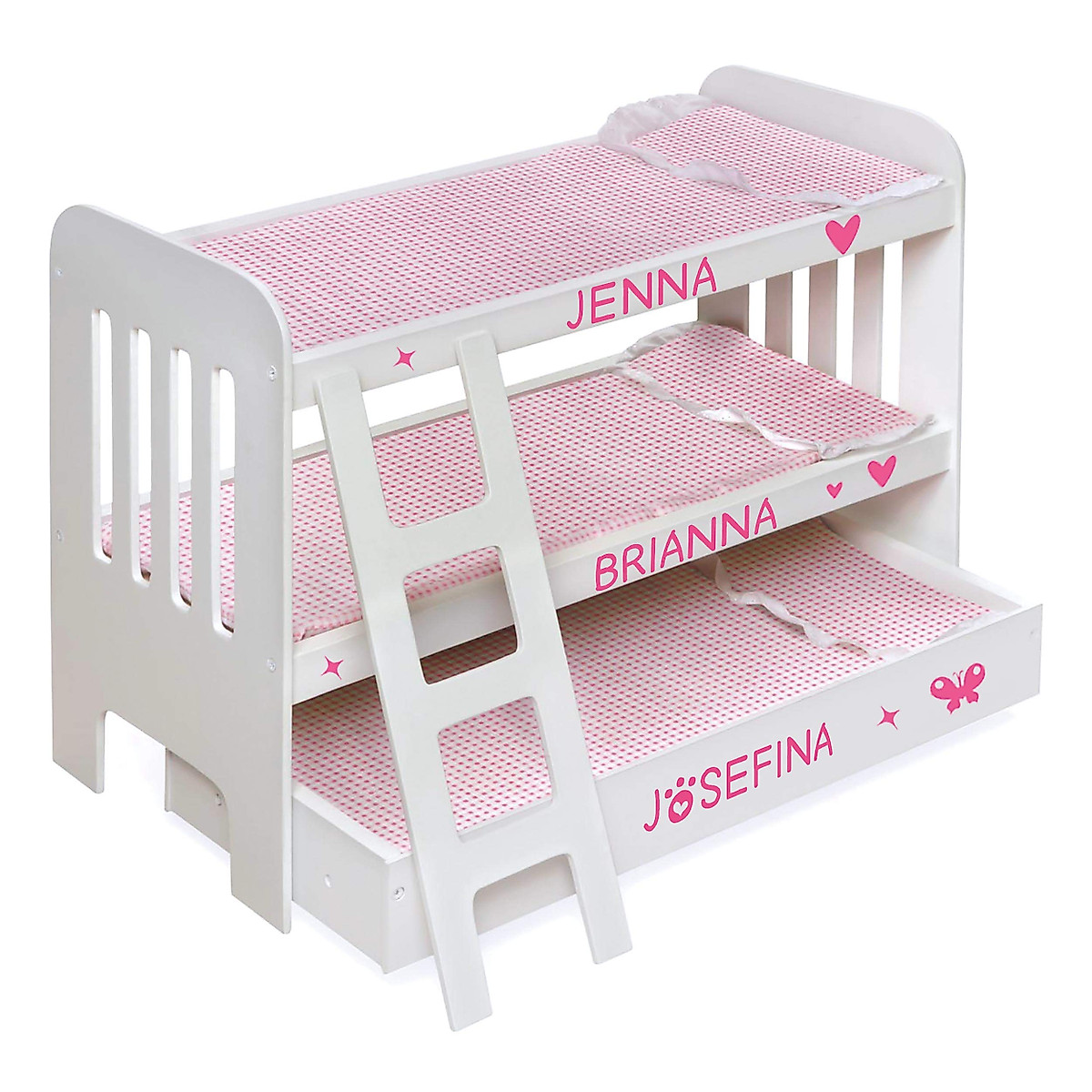 Badger Basket Toy Doll Bunk Bed with Trundle, Ladder, and Personalization Kit for 22 inch Dolls - White/Pink