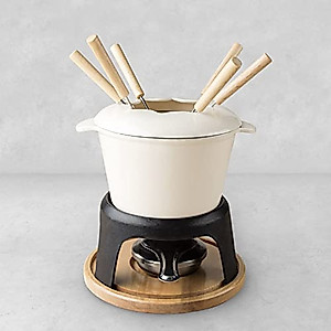 Twine Farmhouse Kitchen Enamel Cast Iron Fondue Set Cheese Melting Pot Metal Stand with Stainless Steel Forks and Chrome Gel Burner, 8.5", Off-Cream