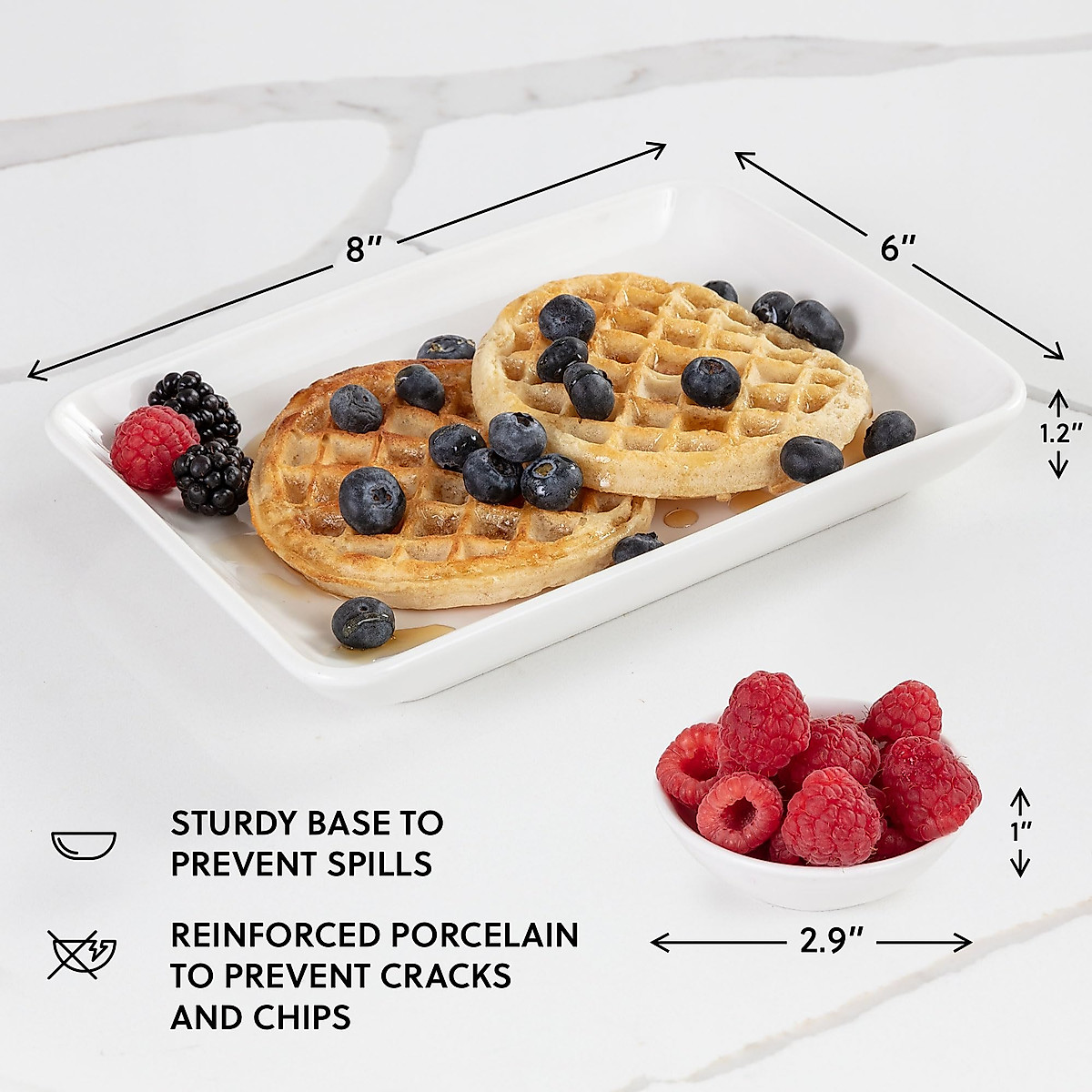 FAMHH 8 Inch Appetizer Plates Set with Dipping Cups for Serving, Desserts, Salads – Chip-Resistant, Porcelain, Rectangular Dinner Plates – Free of Plastic & Lead – 6 Small, White Dinner Plates & Cups