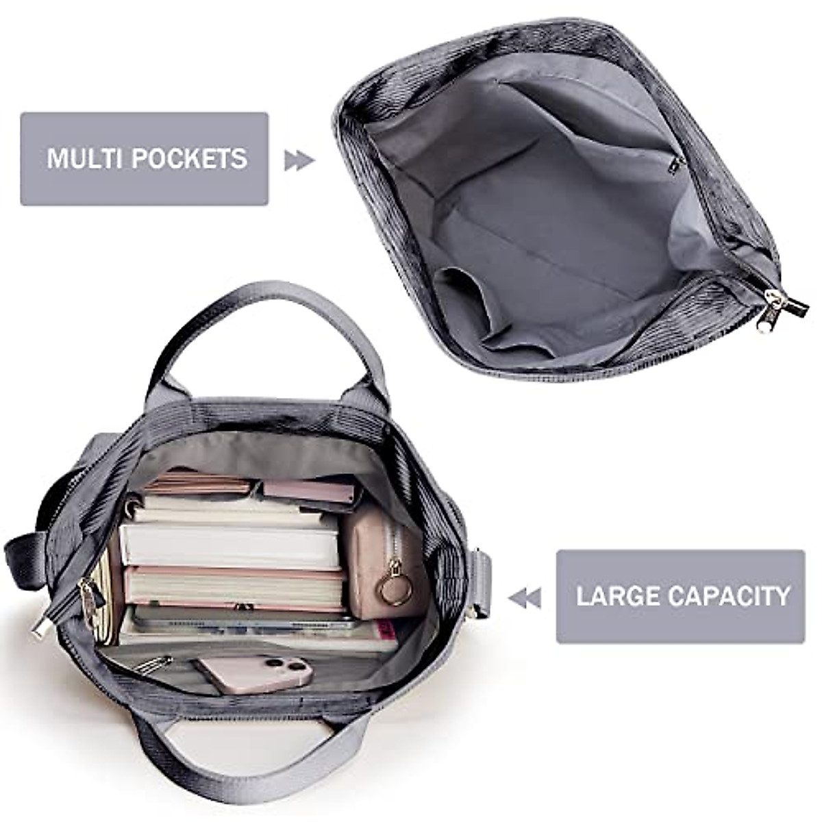 KALIDI Corduroy Tote Bag, Large Messenger Bag Shoulder Hobo Anti Splash Crossbody Zipper Bag Casual Work Shopping Women Grey Blue