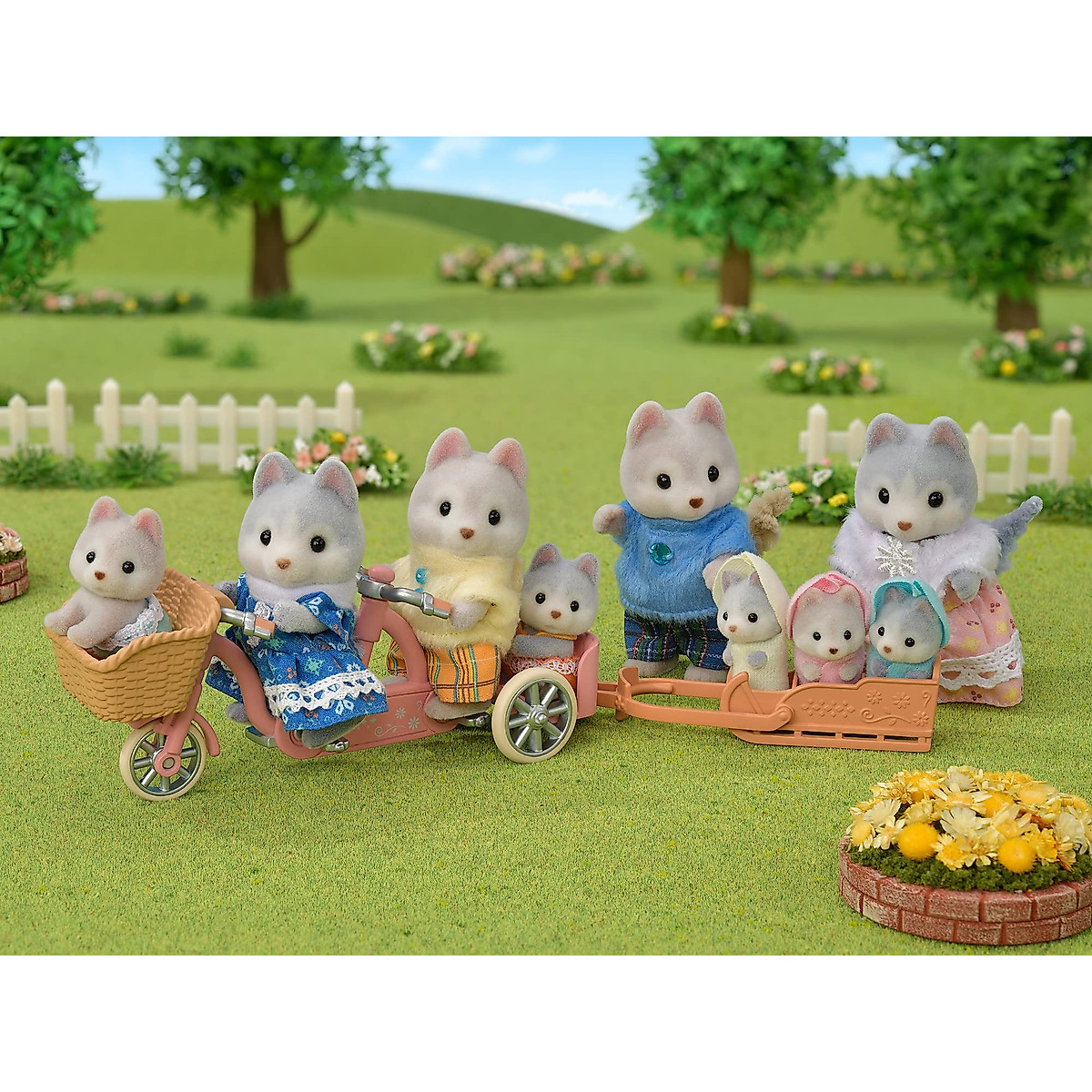 Calico Critters Husky Brother & Sister's Tandem Cycling Set, Dollhouse Playset with Figures and Accessories