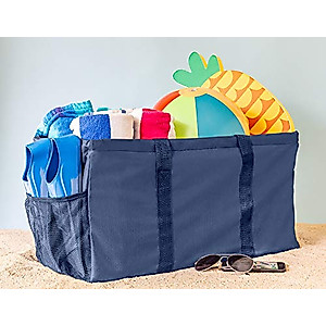 Lucazzi Extra Large Utility Tote Bag - Oversized Collapsible Reusable Wire Frame Rectangular Canvas Basket With Two Exterior Pockets For Beach, Pool, Laundry, Car Trunk, Storage - Navy Blue