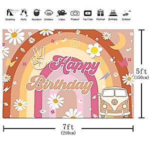 Aperturee 7x5ft Happy Birthday Backdrop Daisy Floral Groovy Photography Backdrop Girls Bday for Newborn Boho Rainbow Bus Party Decorations Cake Table Supplies Banner Photo Booth Props