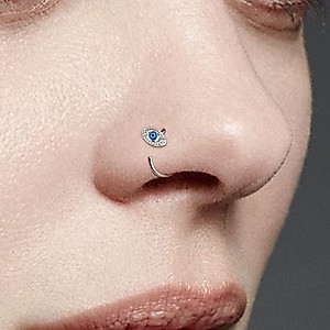 OUFER 20G Nose Ring Hoop，316L Stainless Steel Blue Evil Eye Cartilage Earrings，Nose Piercing Jewelry for Women and Men Silver Color